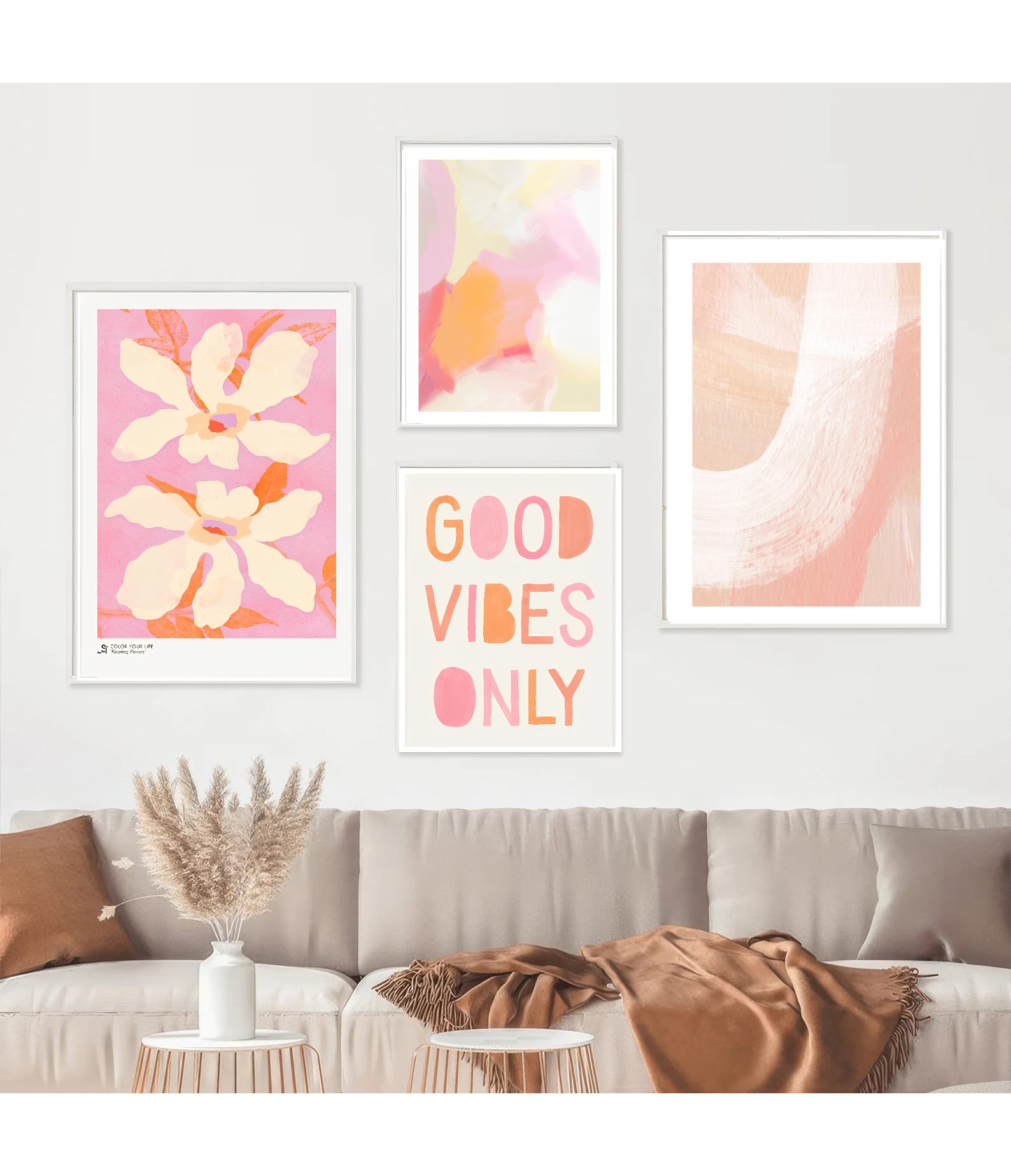 4 Pack Gallery Wall Large Flower Abstract Modern Good Vibes Frame set ...